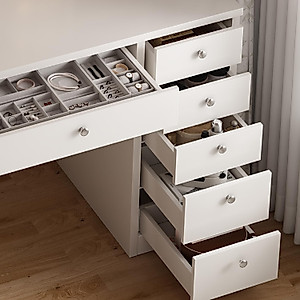 Runboll Vanity Desk with Mirror and Lights, Large Makeup Vanity with Lots of Storage, 45.3" L Dressing Table White with 10 Bulbs, 4 Open Shelves and 11 Drawers, 3 Lighting Modes, Brightness Adjustable