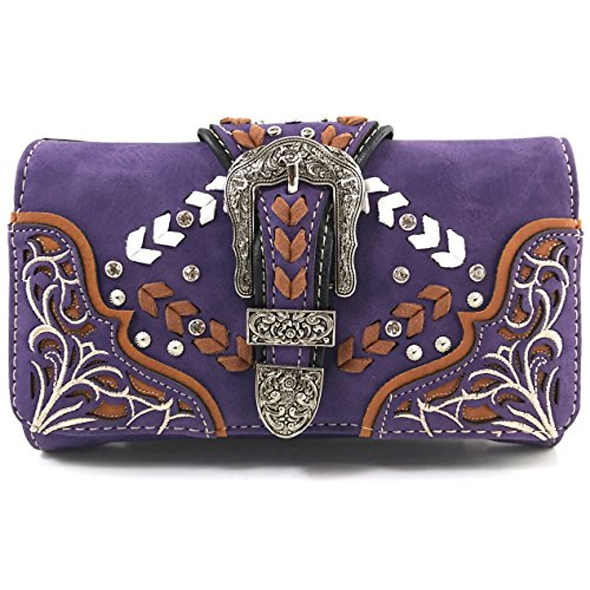 Justin West Floral Embroidery Rhinestone Turquoise Buckle Western Weave Stud Conceal Carry Handbag Purse | Messenger | Trifold Wallet (Purple Purse Wallet Set)