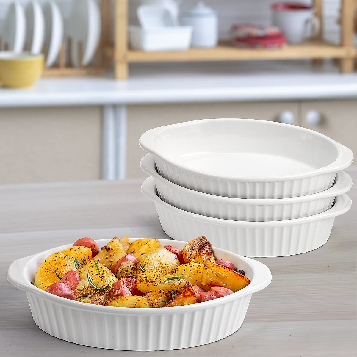 Foraineam 4 Pack 15 oz White Porcelain Oval Baking Dishes, 8.8 x 5.5 x 1.8 Inch Au Gratin Pans Small Table Serving Dish, Lasagna Pan Crème Brulee Bakeware Set with Double Handles, Dishwasher Oven Safe