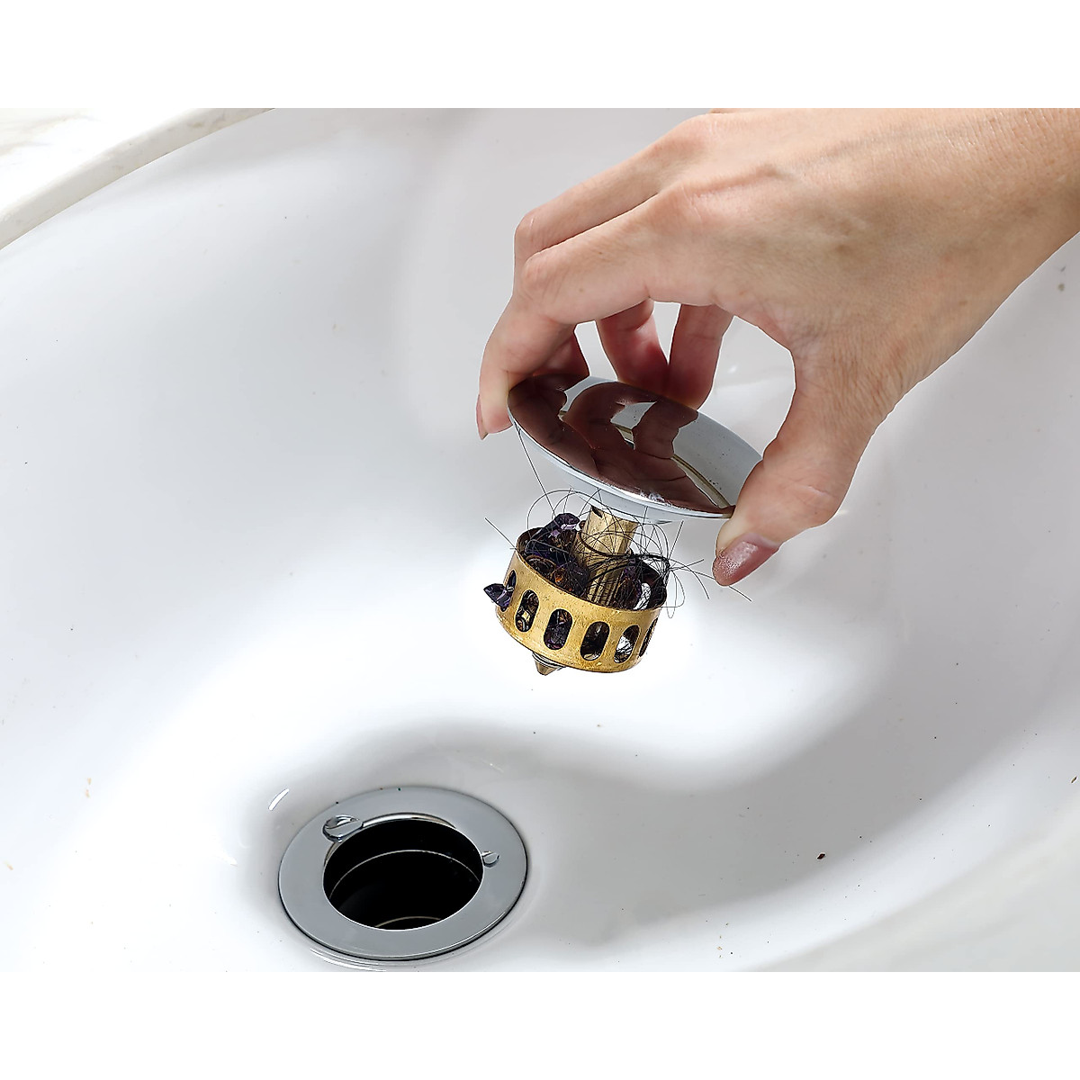 RAINJESTON Polished Chrome Bathroom Sink Drain with Detachable Basket Plug Pop up Drain with Overflow