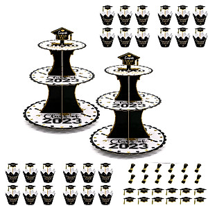2-Set Class of 2023 Black Gold 3-Tiered Graduation Round Cardboard Cupcake Stands 24 Cake Inserts and 24 Cake Borders for Grad Themed Party Decor Graduation Dessert Favors Supplies (Black Gold)