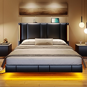 AOGLLATI Floating Bed Frame Full with LED Light and 2 USB Charging Station, Upholstered Platform Bed Frame Full Size with Heavy Wooden Slats Support, No Box Spring Needed