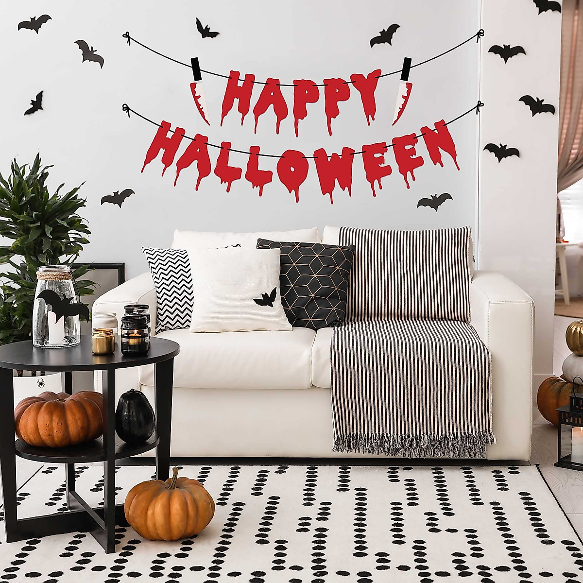Pre-Strung Happy Halloween Banner,NO DIY,Pre-Strung Garland on 8 ft Strand,Scary Killer Halloween Party Decorations & Decor. Did we mention no DIY?
