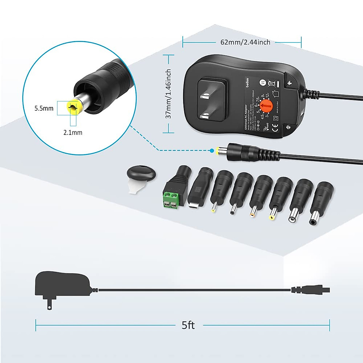 Belker 30W Universal 3V 4.5V 5V 6V 7.5V 9V 12V AC DC Adapter Power Supply for LED Light Strip Router Speaker Smart Phone Tablet CCTV IP Camera TV Box 0.5A 1A 1.5A 2A 2000mA Amp - with 5V 2A USB