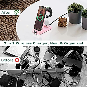 DDUAN Wireless Charging Station, 3 in 1 Fast Charging Stand, Wireless Charger for Apple Watch 8/7/6/5/4/3 & iPhone15/14/13/12/11/Pro/Max/X/XS/Max/XR/8, Air-pods/Pro(QC3.0 Adapter Included)-Pink