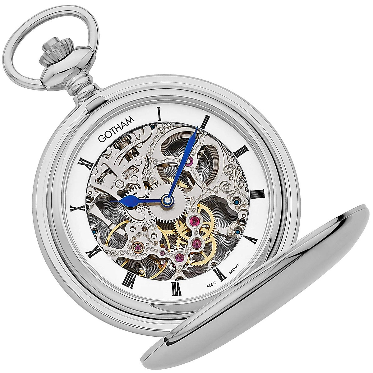 Gotham Men's Chrome Plated Brass Double Cover Exhibition Mechanical Pocket Watch # GWC18804S