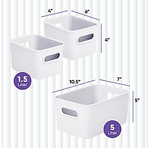 Superio Ribbed Collection - Decorative Plastic Open Home Storage Bins Organizer Baskets, White (Set of 3) 1 Medium, 2 Small - Container Boxes for Organizing Closet Shelves Drawer Shelf