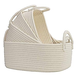 4 Set Wicker Storage Bin Baskets, Multipurpose Cotton Rope Basket Organizers with Study Handles for Baby Nursery, Laundry, Kids Toys & Stationery, Washable & Chemical Free Woven Organizer Bins, White