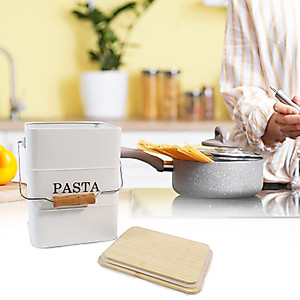 Gdfjiy Spaghetti Canister, White Metal Pasta Storage Container with Sealed Bamboo Lid & Portable Handle, Pasta Keeper Spaghetti Containers Storage for Pantry Organization