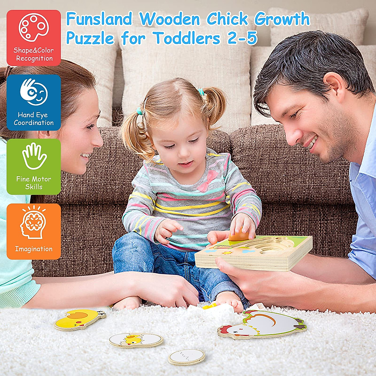 Funsland Wooden Puzzles for Toddlers Age 1-3, Montessori Toddler Toys Jigsaw Chick Growth Toddler Puzzles Ages 2-4, Educational Learning Puzzles for Kids Ages 3-5, Birthday Gifts for Baby Girls Boys