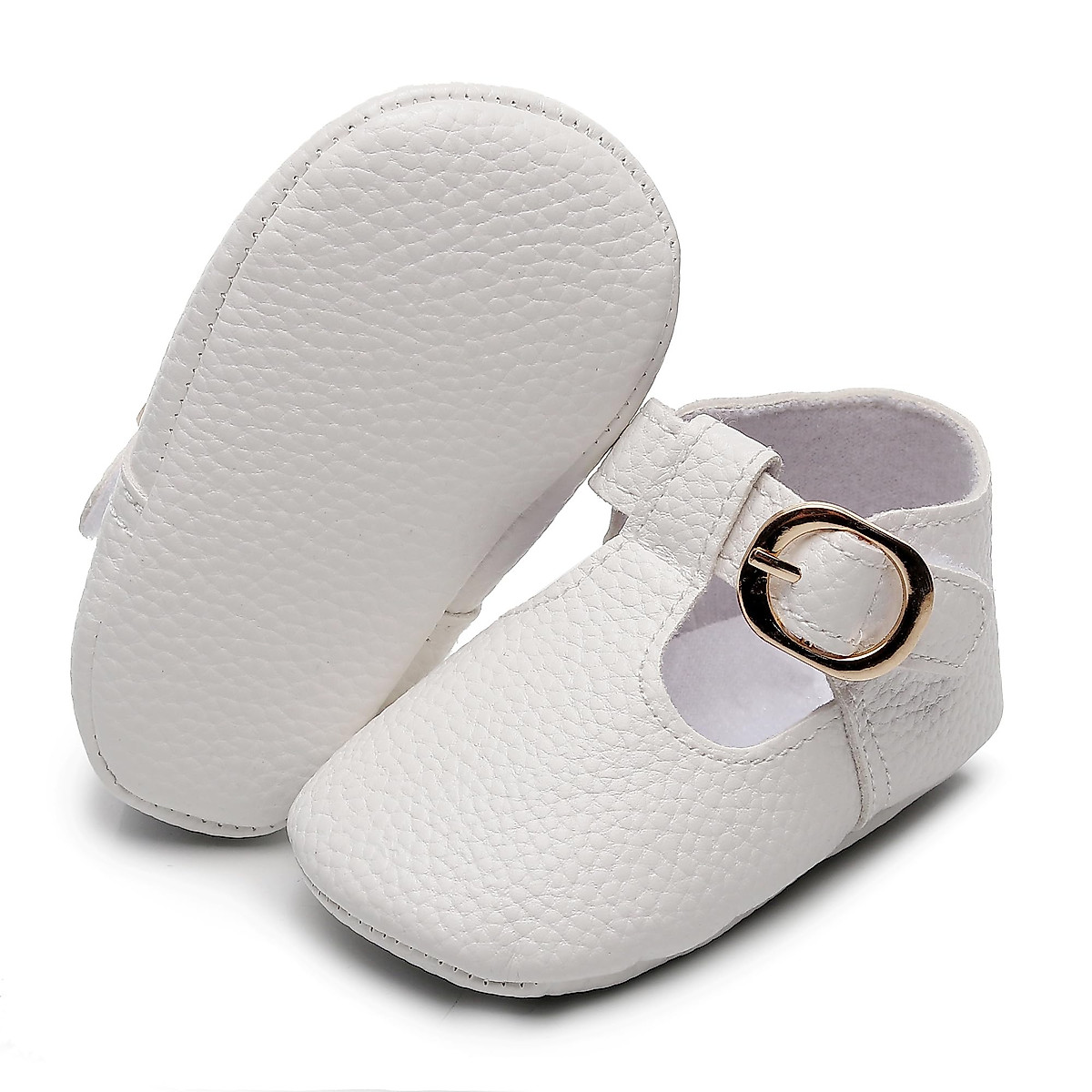HONGTEYA Baby Girls Boys T-Strap Moccasins Baby Mary Jane Shoes Toddler Flats Infant Girl Shoes PU Soft Soled for Baby First Walk (White)
