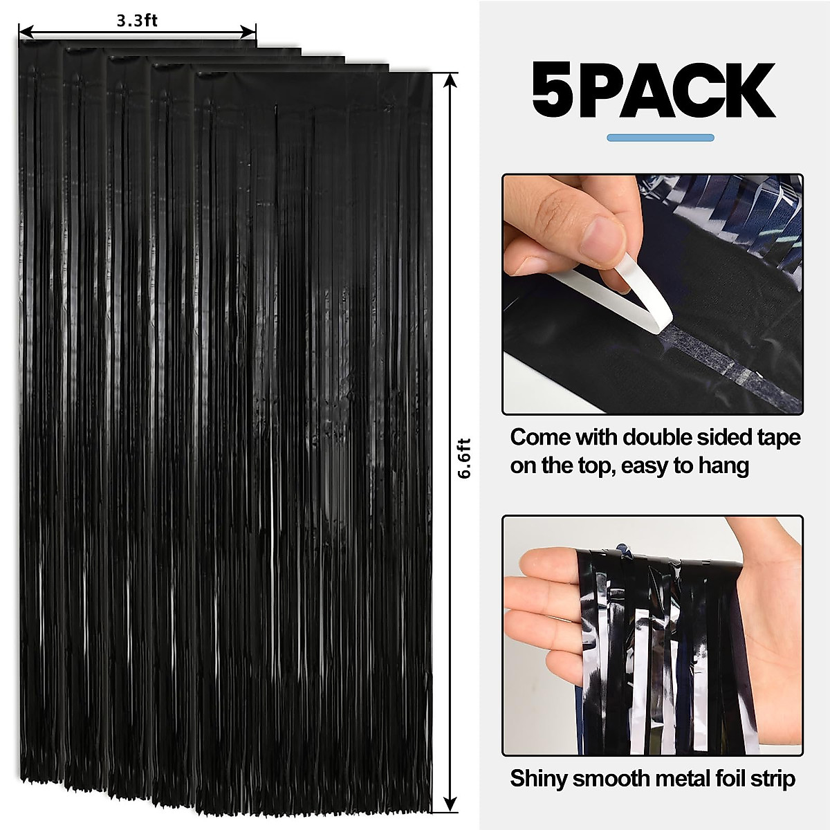 pabues 5 Pack 3.3 x 6.6 FT Black Foil Fringe Backdrop Curtain, Streamer Backdrop Curtains, Streamers Birthday Party Decorations, Fringe Backdrop for Graduation, Baby Shower, Gender Reveal