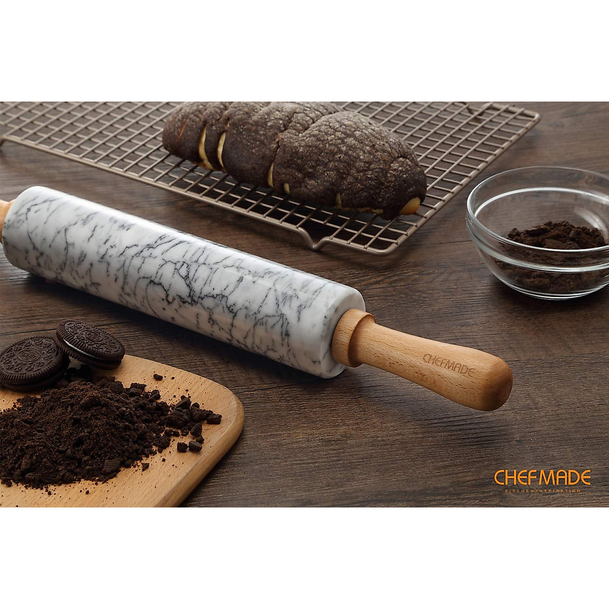 CHEFMADE 18-Inch Marble Rolling Pin with Wooden Handles and Cradle, Non-Stick (Gray and White)