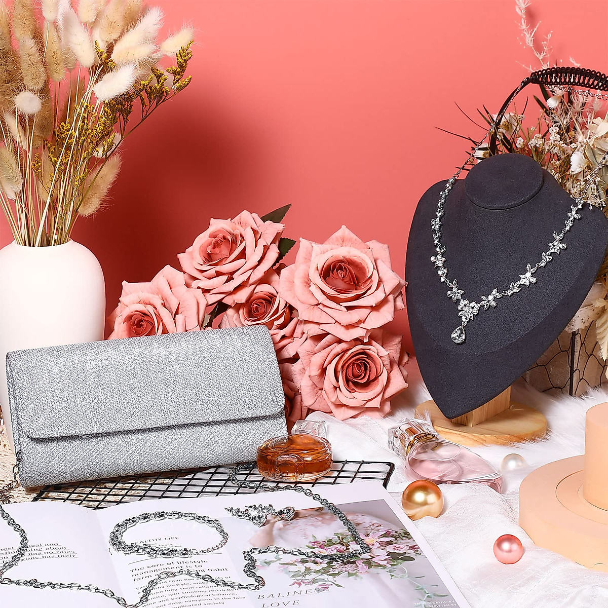 Tiamon 4 Pcs Women Rhinestone Jewelry Set Silver Accessories for Evening Wedding Party Christmas Gift(Noble Style)