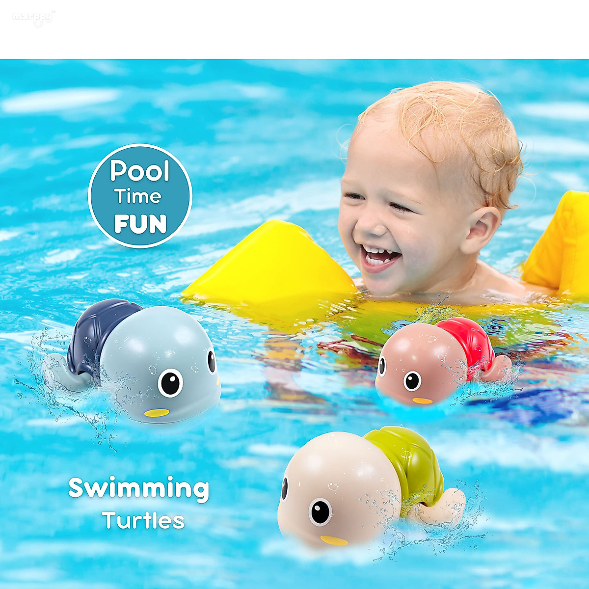 MARPPY Toddler Bath Toys, 3 Swimming Bath Toys Turtles and 1 Fishing Net, Wind - Up Bath Toy, Bathtub Toys and Pool Toys for Toddlers Kids, Boys and Girls, Age 2 3 4 5 Year Old
