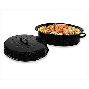 16 Inch Roasting Pan with Lid - Covered Oval Roaster - Enamel Carbon Steel Roaster Pot