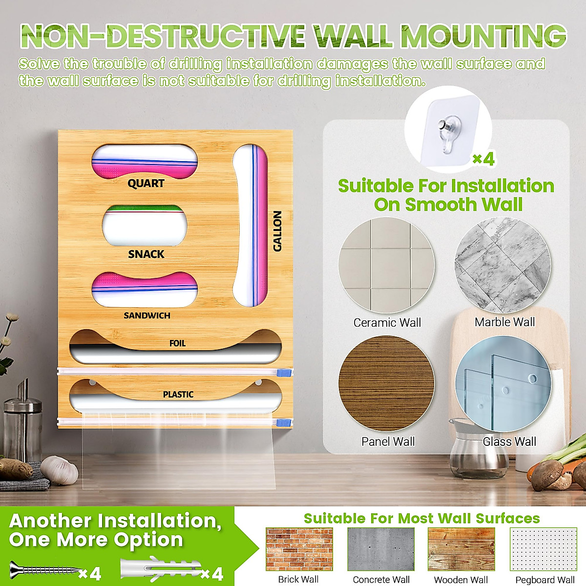 YITOBA Thicker Bag Storage Organizer, Bamboo Baggie Organizer with Aluminum Foil Dispenser, Foil and Plastic Wrap Organizer with Cutter, 6 in 1 Sandwich Bag Organizer for Drawer Kitchen