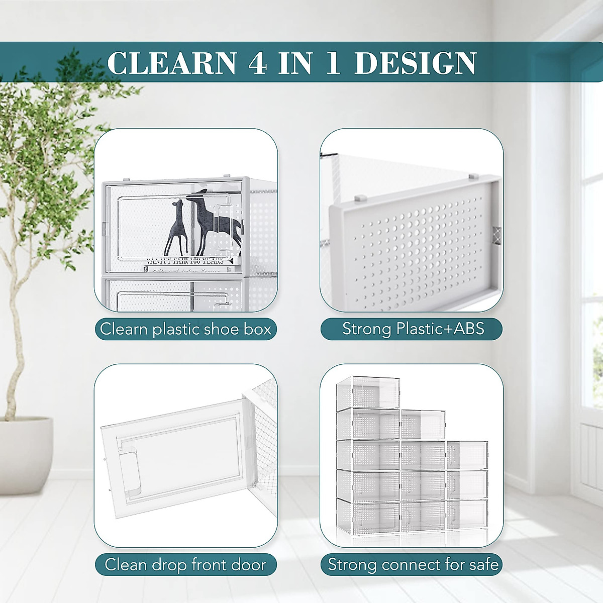 WAYTRIM Clear Shoe Storage Box, Stackable Shoe Organizer Plastic Shoe Container with Lids Foldable Sneaker Storage Boxes Saving Space Shoe Organizer for Closet Fit to Women Size 10, White