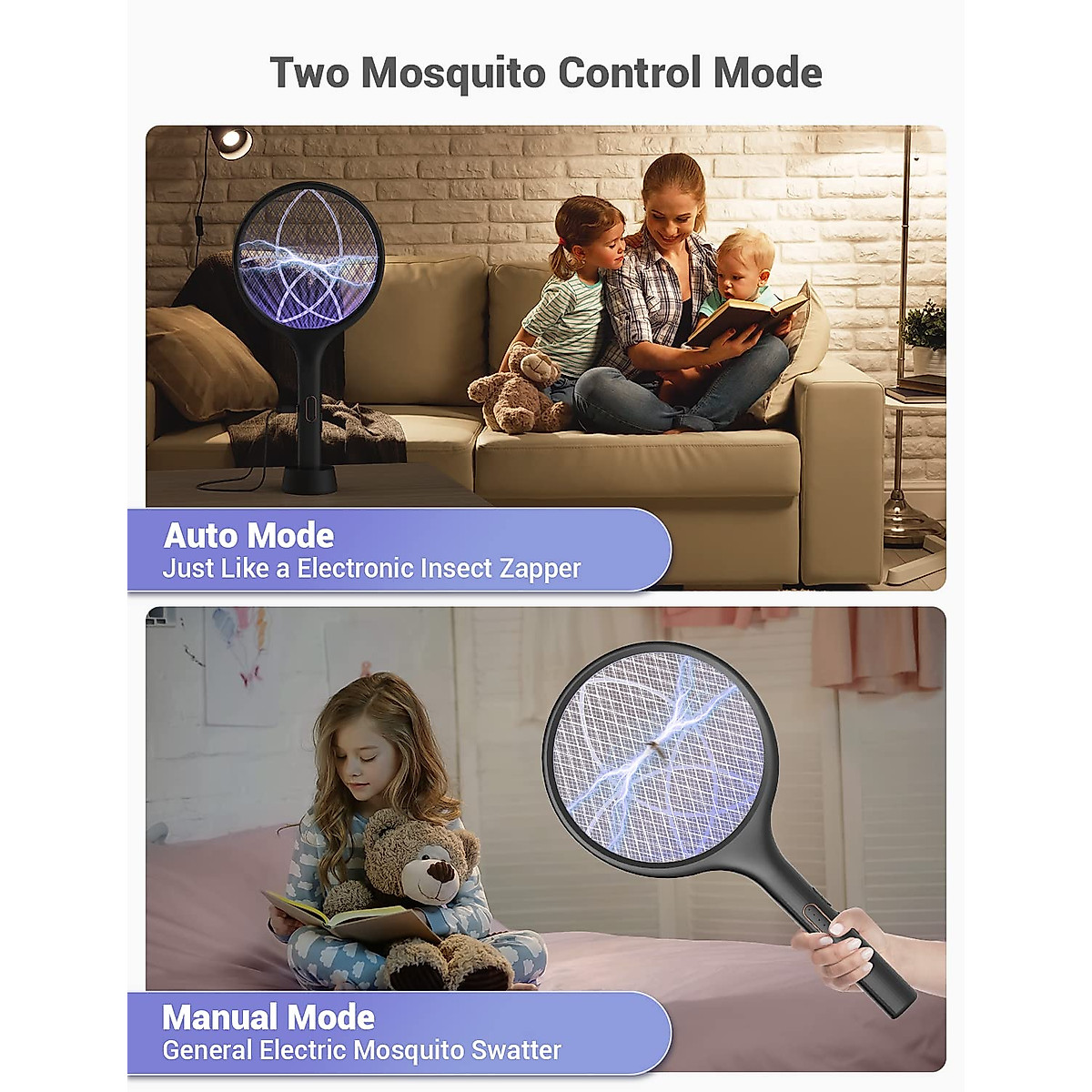 YISSVIC Electric Fly Swatter 4000V Bug Zapper Racket Dual Modes Mosquito Killer with Purple Mosquito Light Rechargeable for Indoor Home Office Backyard Patio Camping