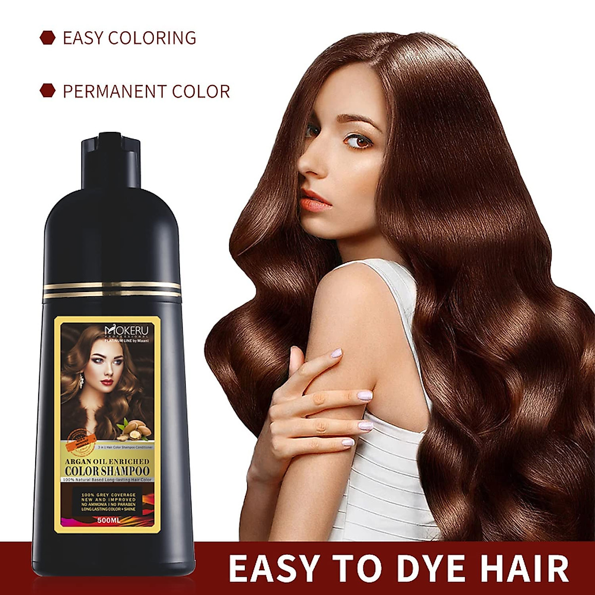 MOKERU Professional Argan Oil Hair Dye Color Shampoo 500 ML I New & Improved Formula Ammonia Free Paraben Free I Instant Fast Acting Long Lasting Signature Platinum Line by Maani (Black)