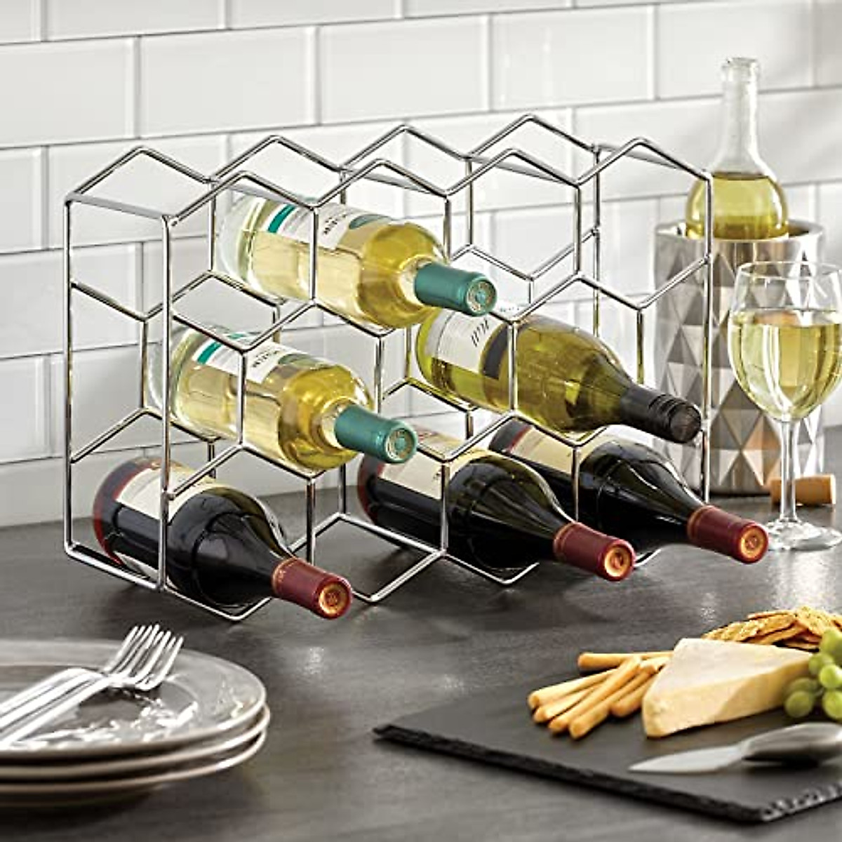 mDesign Metal Hexagon 3-Tier Wine Rack - Minimalist Bottle Holder for Kitchen Countertop, Pantry, or Refrigerator Space - Wine, Beer, Pop/Soda, Water Bottles, and Juice - Holds 11 Bottles - Chrome