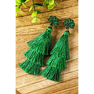 St.Patricks Day Earrings Green Clover Shamrock Beaded Earrings Handmade long Tassel Statement Dangle Earrings Jewelry for Women (St.patricks Earrings A)