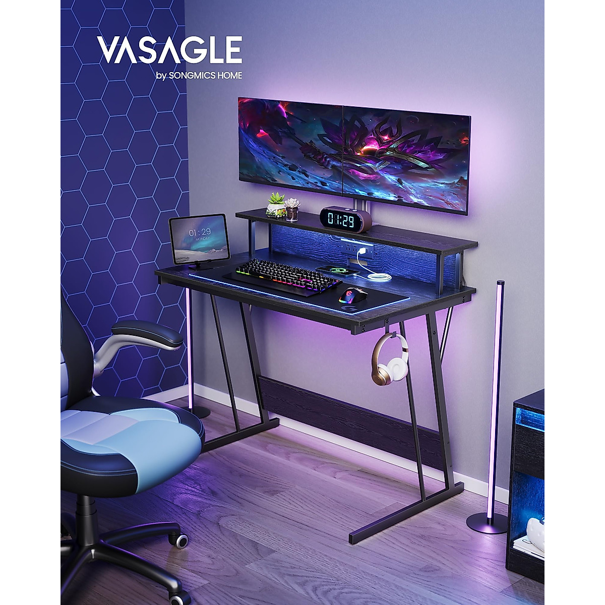 VASAGLE LED Gaming Desk with Power Outlets, Computer Desk with USB Ports, Office Desk with Monitor Stand for 2 Monitors, with Hooks, for Bedroom, 23.6 x 39.4 x 29.5 Inches Ebony Black ULWD091B56