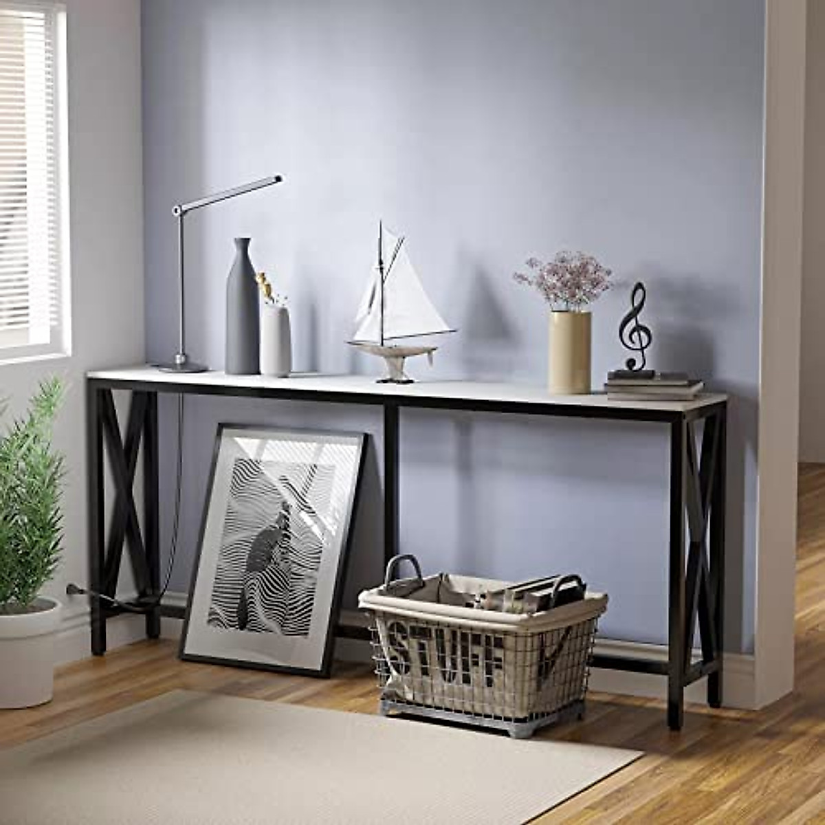 Aquzee Console Table with 2 Power Outlet and 2 USB Ports, 70.9" x 11.8" x 31.5" Steel Frame Narrow Behind Couch Sofa Table, Extra Long White Entryway Table