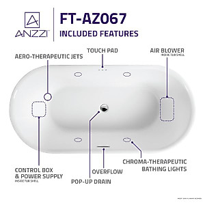 ANZZI 67" Freestanding Jetted Bathtub - White Acrylic Air Jetted Free standing Bath tub - Jerico Series Soaking Tub, Drain and Overflow, Light Up Control Pad - Luxury Spa Experience at Home