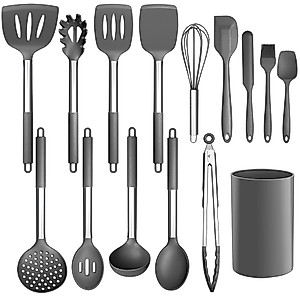 LIANYU 15-Piece Cooking Kitchen Utensils Set with Holder, Silicone Kitchen Tools Stainless Steel Handle, Slotted Spatula Spoon Turner Tong Whisk Brush for Cooking, Gray
