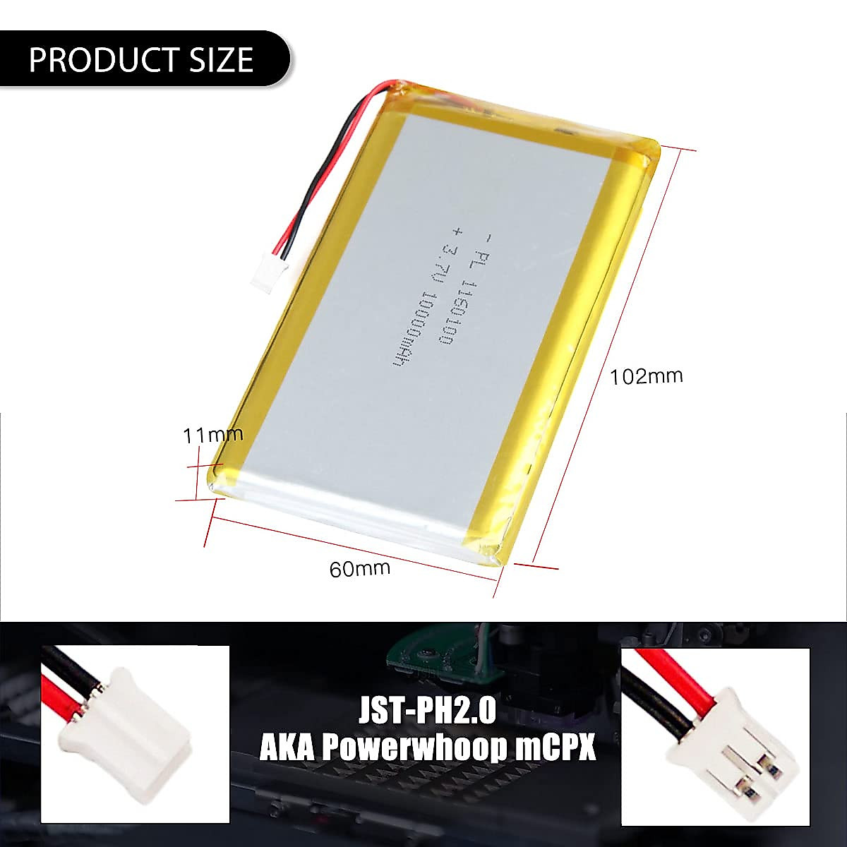 AKZYTUE 3.7V LiPo Battery 1160100 10000mAh Lithium Rechargeable Battery with PH2.0mm JST Connector for Raspberry Pi UPS Board