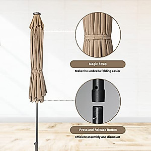 Simple Deluxe 9' Solar Umbrella 32 LED Lighted Patio Umbrella Table Market Umbrella with Push Button Tilt/Crank Outdoor Umbrella for Garden, Deck, Backyard and Pool, Tan