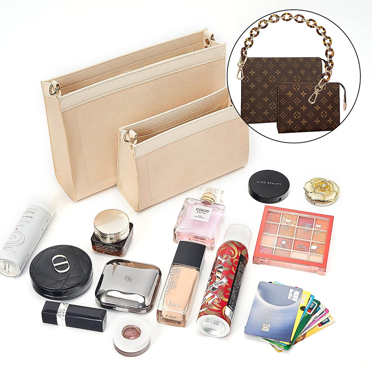 Vercord Purse Insert Organizer 26 Toiletry Pouch Insert with Leopard Acrylic Chain Strap Beige L