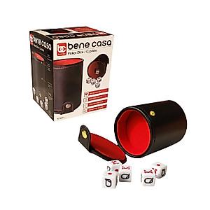 Bene Casa - Black Leather Dice Cup with Red Felt Interior Includes Reinforced Bottom and Snap-on Cup Lid - Comes with Set of 5 6-Sided Dice
