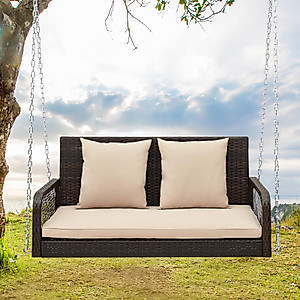 HAPPYGRILL Porch Swing Outdoor 2-Person Hanging Bench Chair with Seat & Back Cushions, Heavy-Duty Metal Structure & 2 Hanging Chains, Wicker Rattan Woven Loveseat Swing for Front Porch Backyard