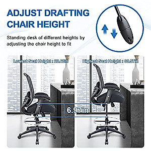LONGBOSS Drafting Chair Mesh Computer Tall Office Chair, Standing Desk Stool with Lumbar Support Pillow, Height Adjustable Armrest and Adjustable Foot Ring (Black)