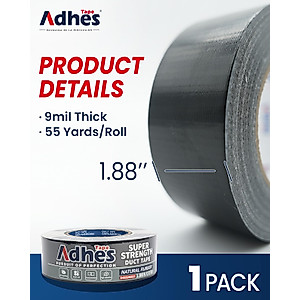 ADHES Black Duct Tape Heavy Duty Waterproof 1.88 Inch x 164 Feet (55YD) Strong Adhesive & No Residue Black Duct Tape for Indoor & Outdoor Repairs, Industrial, Professional Use