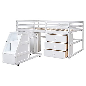 MOEO Full Size Functional Loft Bed with Cabinet, 3 Drawers and Hanging Clothes at The Back of The Staircase, Wooden Bedframe w/Movable Wheels, Maximum Space Design for Kids Bedroom, White