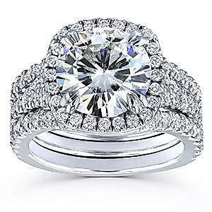 Kobelli Round G-H Moissanite Cushion Halo Bridal Wedding Set 4 1/3 CTW 14k White Gold 3 Piece Set, 9