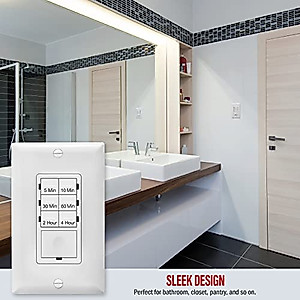 ENERLITES 4-Hour No Neutral Wire Countdown Timer Switch, 5-10-30-60 Min, 2-4 Hour, For Bathroom Fans, Heaters, Lights, LED Indicator, 120VAC 800W, UL Listed, HET06-J-W, White