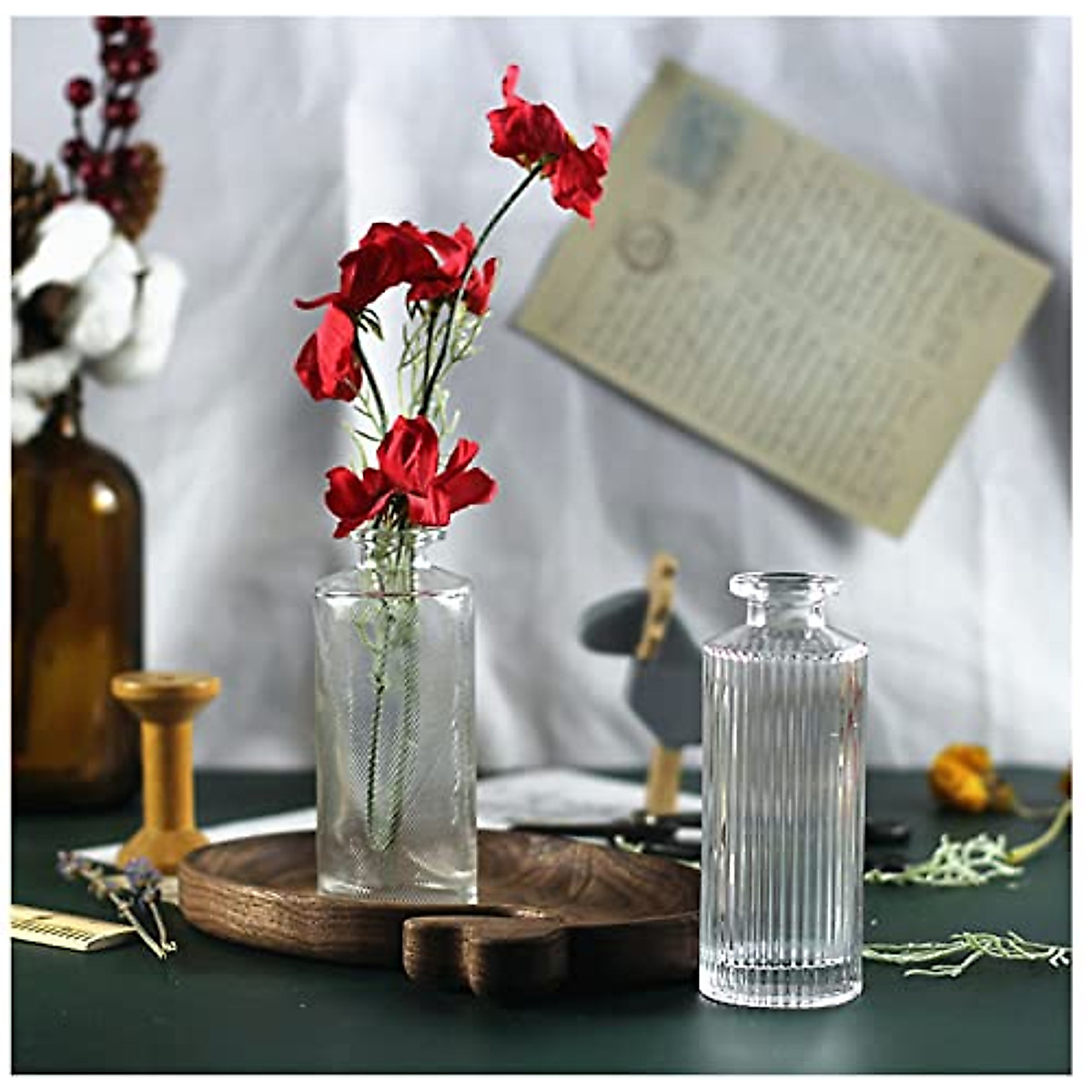 Clear Vintage Glass Bottles with Stopper Set of 3, Embossed Glass Bottles, Reed Diffuser Sets, Apothecary Flower Bud Vases, SC036