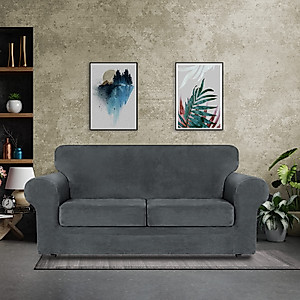 Asnomy Sofas Covers for 2 Cushion Couch Loveseat Cover Velvet Stretch Slipcovers for Dogs Cats,2 Seat Cushion Furniture Protector Machine Washable（Medium，Dark Grey）