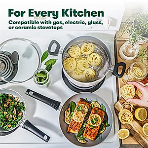 BELLA Cookware Set, 12 Piece Pots and Pans with Utensils, Nonstick Scratch Resistant Cooking Surface Compatible with All Stoves, Nylon and Aluminum, Cream