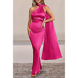 PRETTYGARDEN Women's Maxi Satin Dress Sleeveless Halter Neck Backless Long Formal Evening Cocktail Dresses (Rose Red,X-Large)