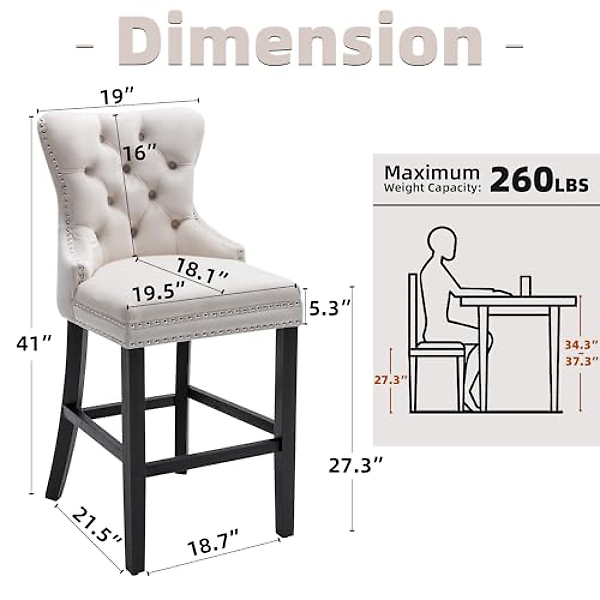 GOOLON Bar Stools Set of 2, Velvet 26 Inch Seat Height Counter Height Barstools with Back, Rivet Trim Bar Chairs for Kitchen Island Metal Pull Ring Wood Legs, Beige