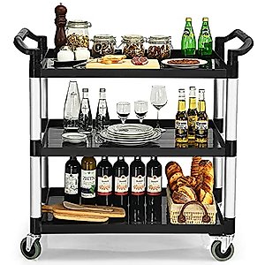 Goplus 3-Tier Rolling Utility Cart with Wheels, Heavy Duty 490 LBS Food Service Cart for Restaurant, Kitchen, Office, Plastic Push Cart Bus Cart, 40.5" x 19.5" x 38.5"