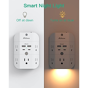 Outlet Extender with Night Light, 5-Outlet Surge Protector with 3 USB Charging Ports, 1800J Power Strip Multi Plug Outlets Wall Adapter Expander with Spaced Outlets for Home, School, Office
