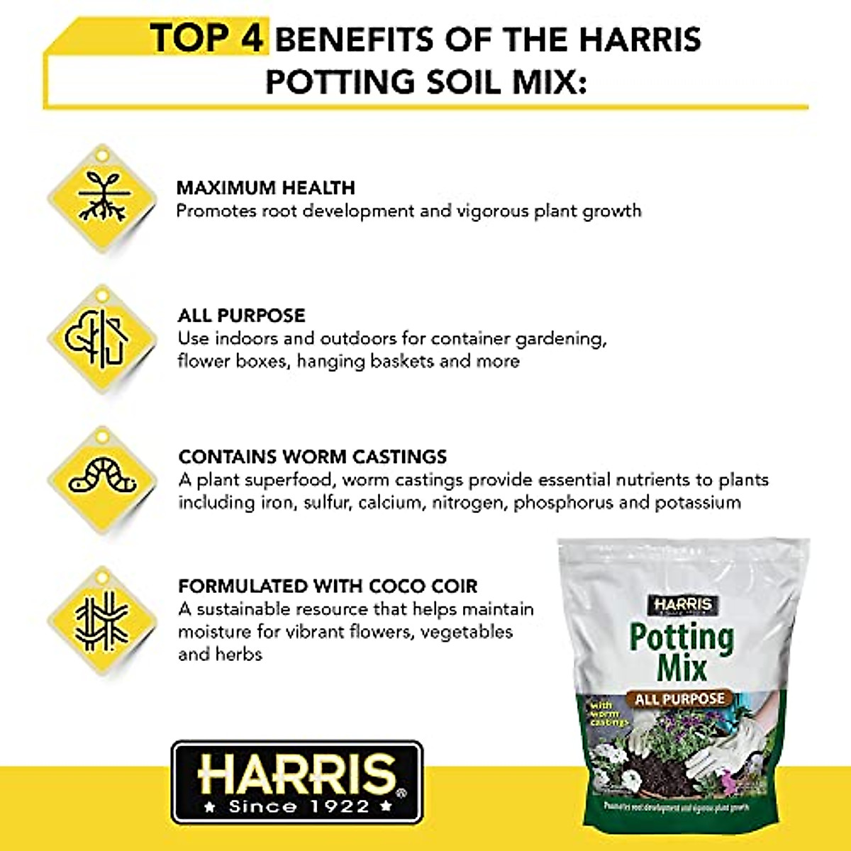 Harris All Purpose Premium Potting Soil Mix with Worm Castings and Other Nutrients, 4 Quarts