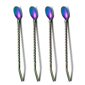 HOMQUEN Rainbow Iced Tea Spoon with Straw Handle for Drinking, 4 Pieces 8.7" Stainless Steel Titanium Rainbow Plating Long Handle Bar Spoon Silverware for Mixing and Stirring