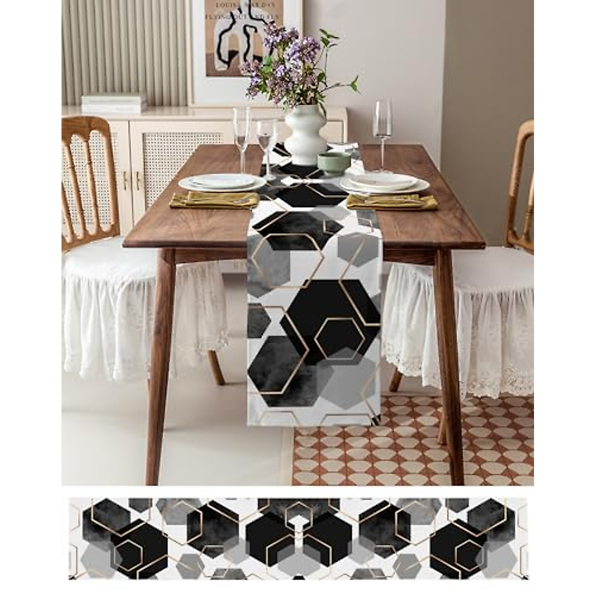 Lsrtoss Black Grey Geometric Table Runner 120 Inches Long Farmhouse Dress Scarves, Yellow Modern Abstract Art Aesthetics Dining Tablerunner for Coffee Table/Kitchen Island/Party Décor, 13" x 120"